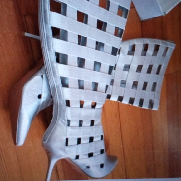 asher | Shoes | Ashro Silver Metallic Knee High Cage Boots Wide Width ...